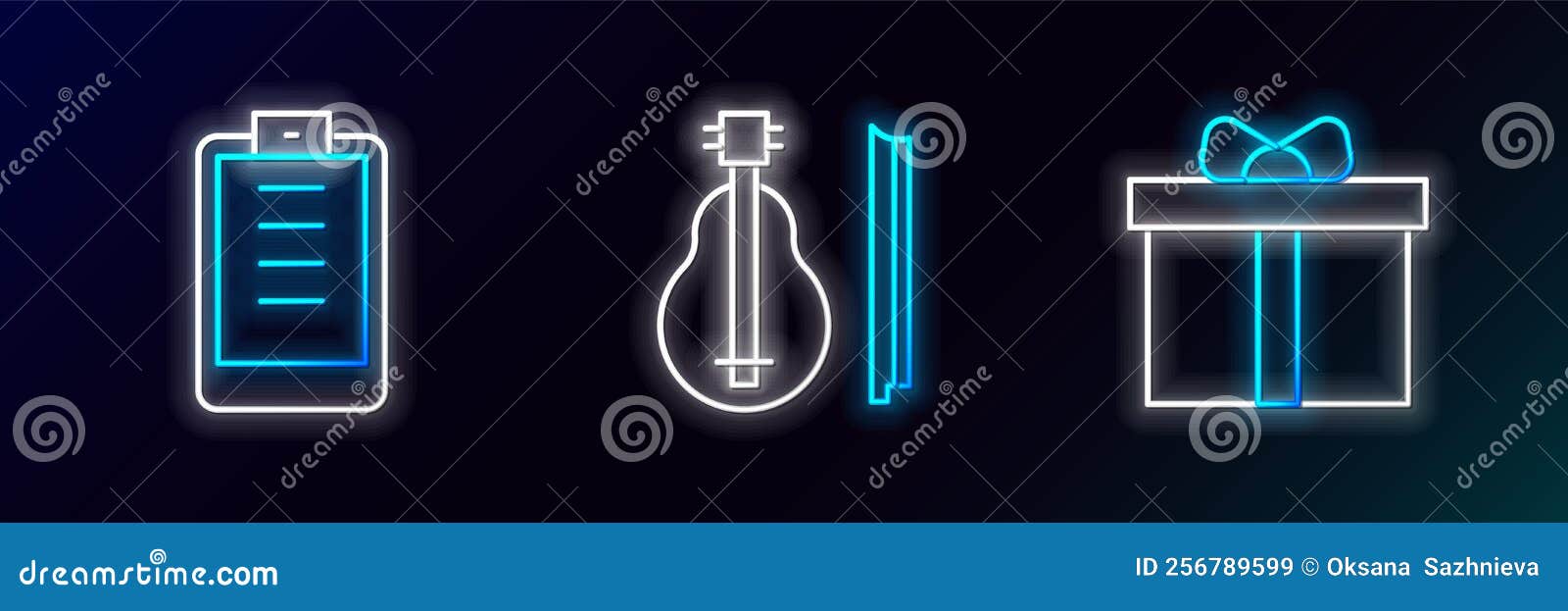 Set Line Gift Box, Clipboard with Checklist and Violin Icon. Glowing Neon. Vector Stock Vector ...