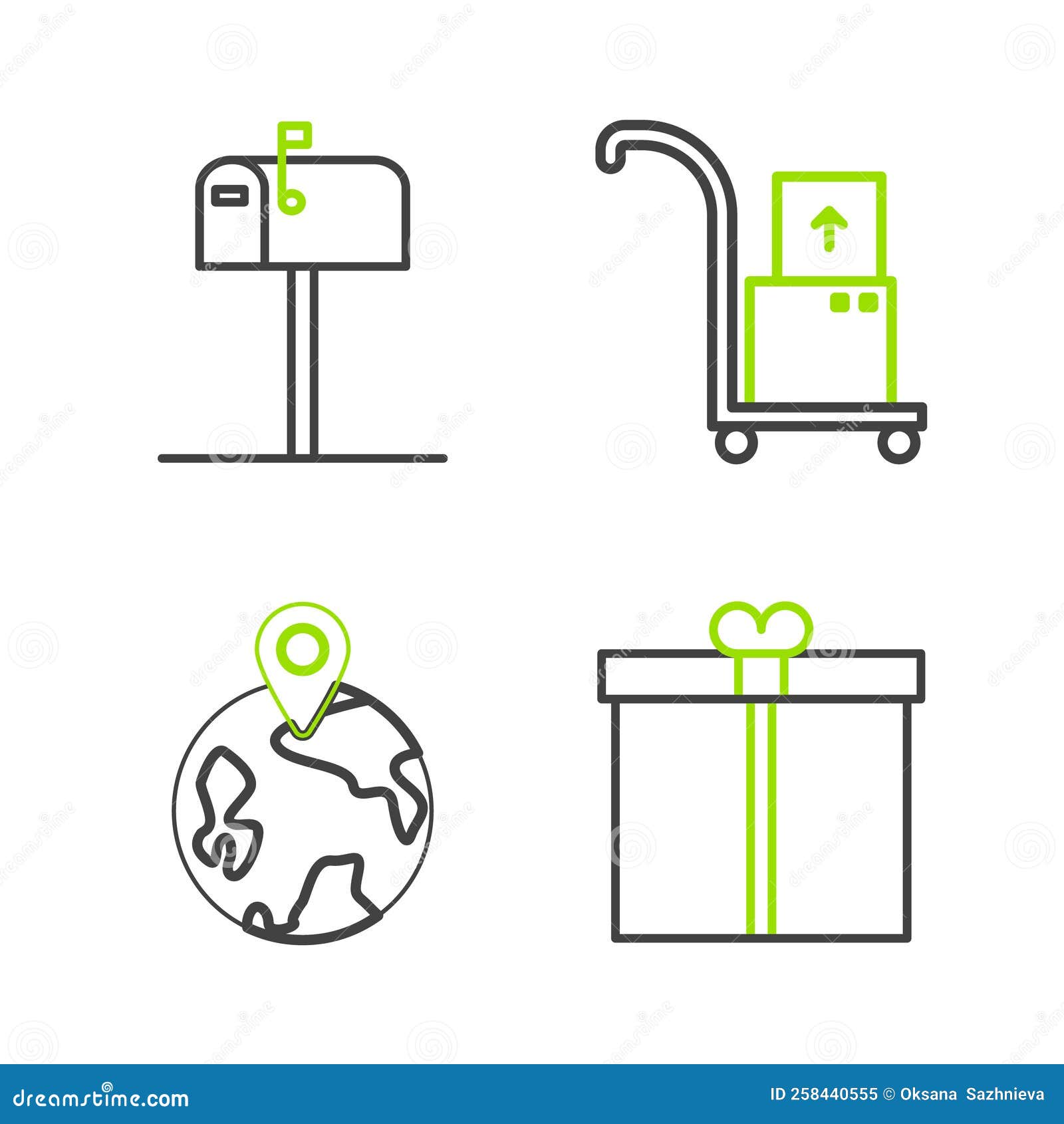 Set Line Gift Box, Worldwide, Hand Truck and Boxes and Open Mail Icon ...