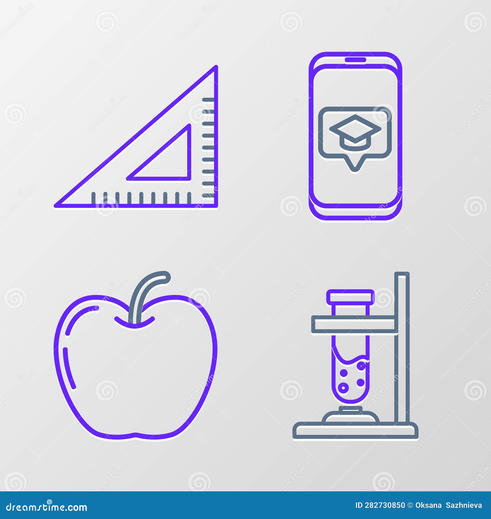 Set Line Glass Test Tube Flask on Fire, Apple, Graduation Cap Screen ...