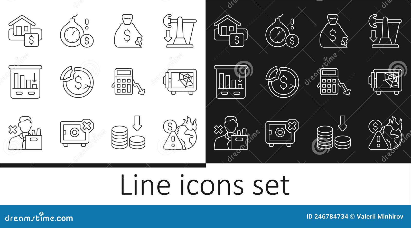 Set Line Global Economic Crisis, Safe, Money Bag, Dollar Rate Decrease, Pie Chart Infographic ...