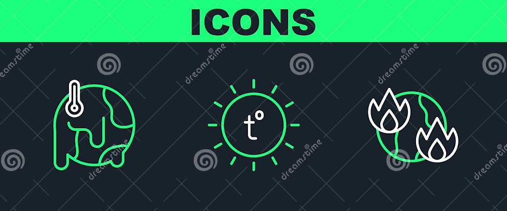 Set Line Global Warming Fire, and Sun Icon. Vector Stock Illustration ...