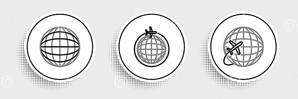 Set Line Globe with Flying Plane, Earth Globe and Icon. Vector Stock ... Set Line Globe with Flying Plane, Earth Globe and Icon. Vector Stock ...