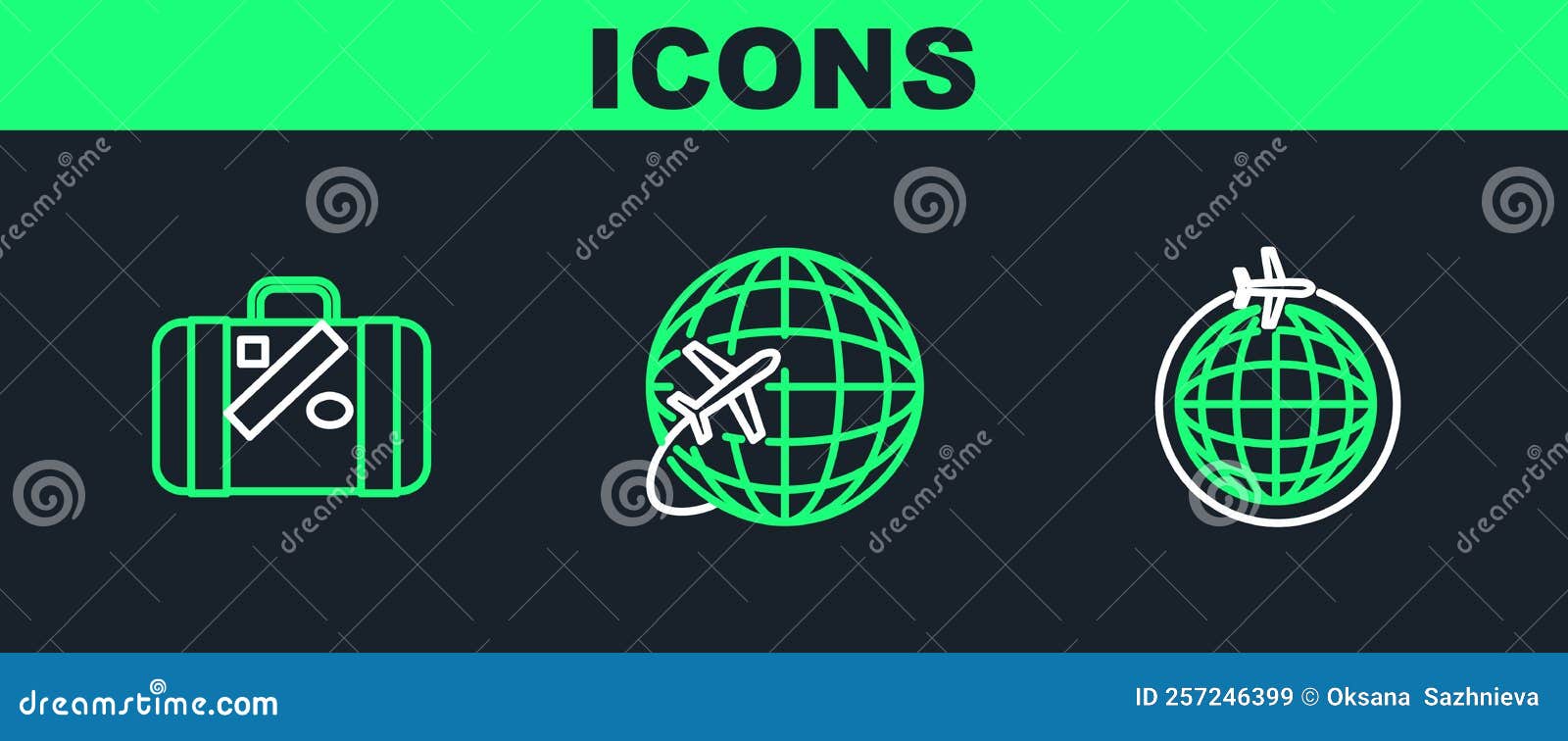 Set Line Globe with Flying Plane, Suitcase for Travel and Stickers and ... Set Line Globe with Flying Plane, Suitcase for Travel and Stickers and ...