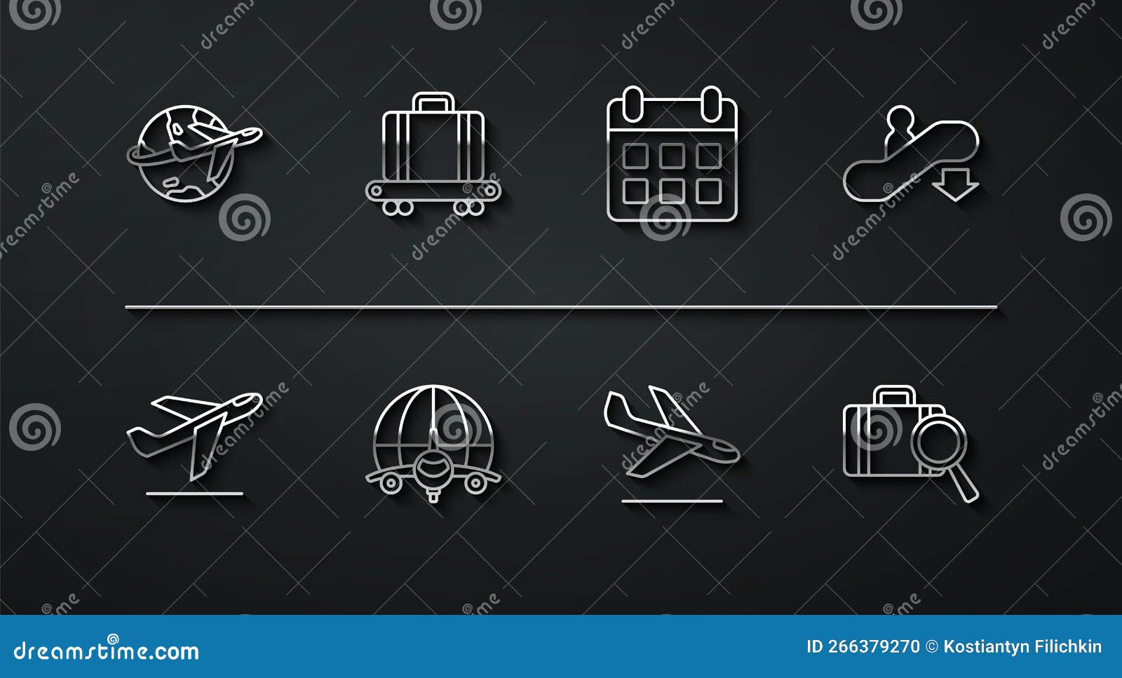 Set Line Globe with Flying Plane, Plane Takeoff, Escalator Down ... Set Line Globe with Flying Plane, Plane Takeoff, Escalator Down ...
