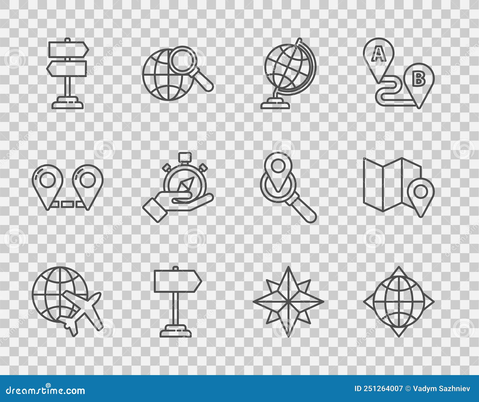 Set Line Globe with Flying Plane, World Globe Compass, Earth, Road ... Set Line Globe with Flying Plane, World Globe Compass, Earth, Road ...