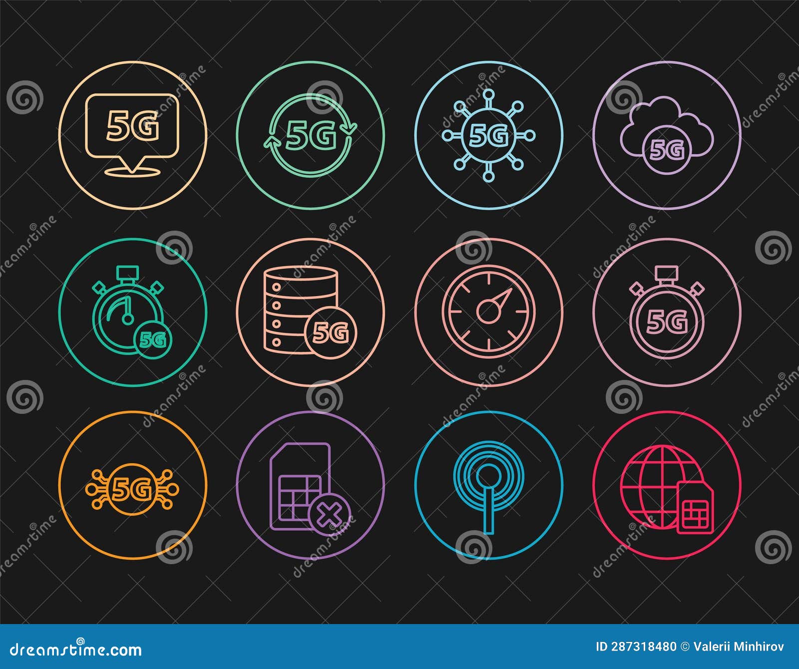 Set Line Globe 5G Sim Card, Digital Speed Meter, Network, Server ...