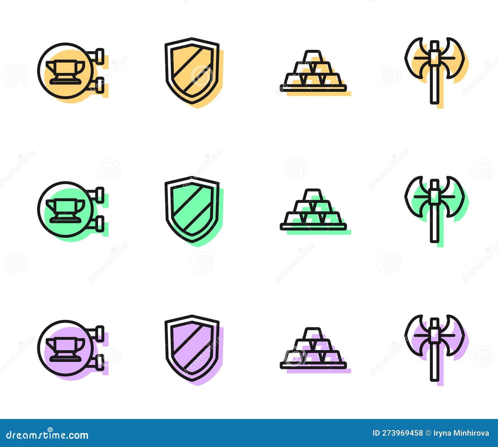 Set Line Gold Bars, Blacksmith Anvil Tool, Shield and Medieval Poleaxe ...