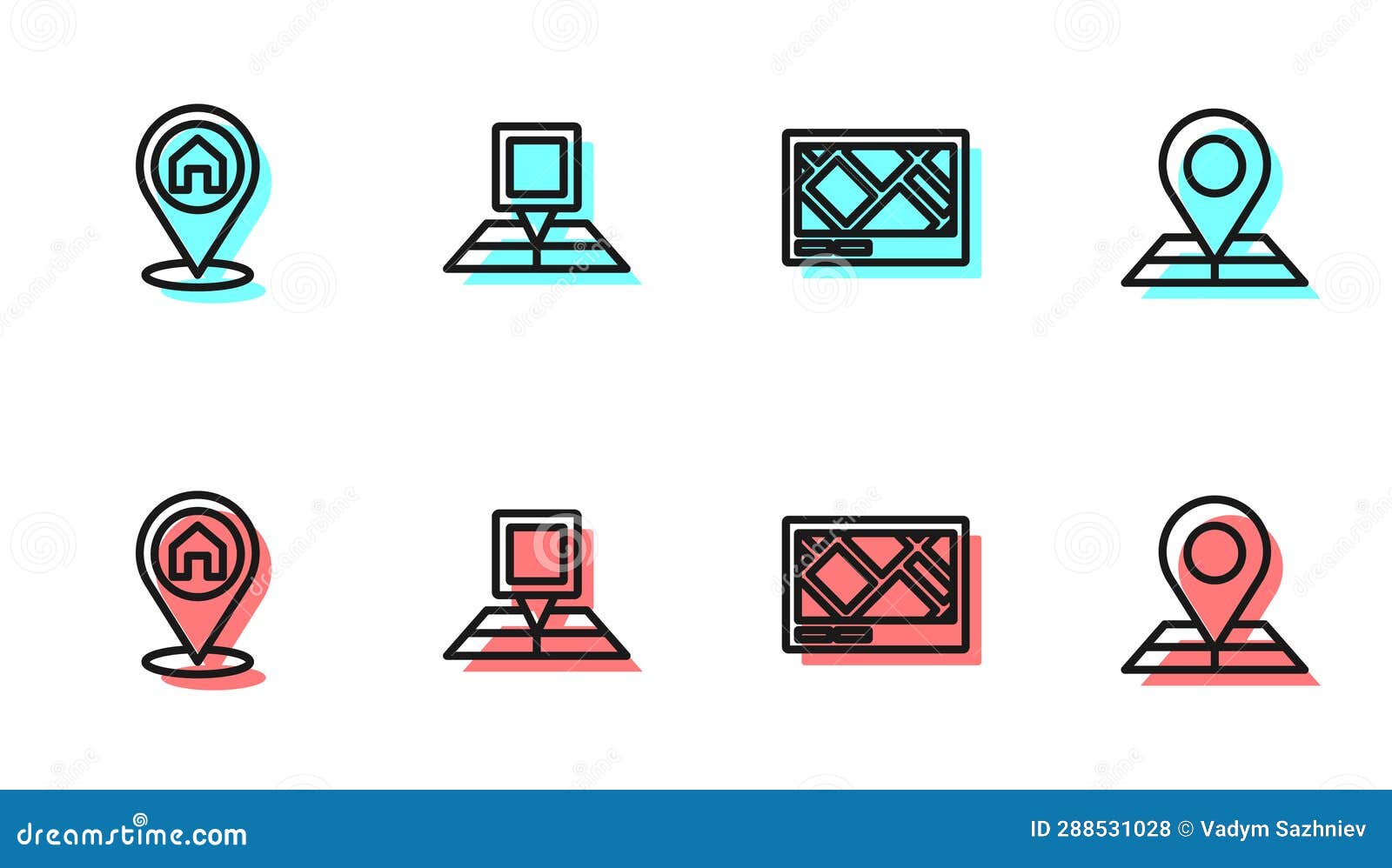 Set Line Gps Device with Map, Location House, Folded Location Marker ...