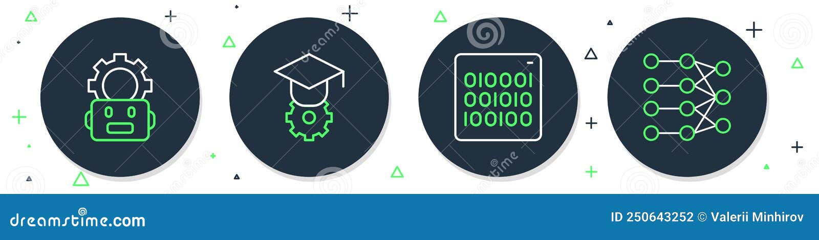 Set Line Graduation Cap Binary Code Robot Setting And Neural Network Icon Vector Stock Vector