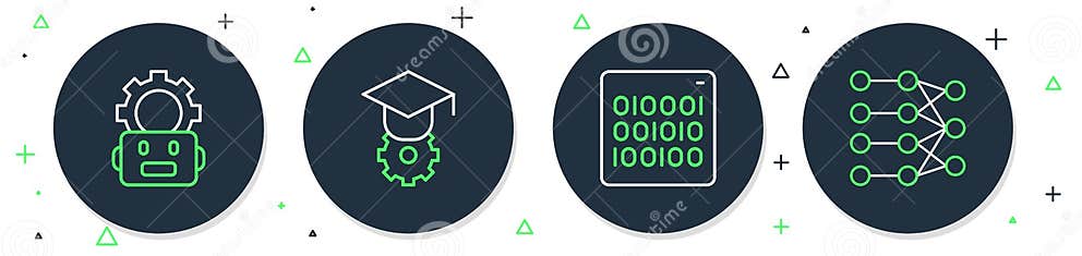 Set Line Graduation Cap, Binary Code, Robot Setting and Neural Network Icon. Vector Stock Vector ...