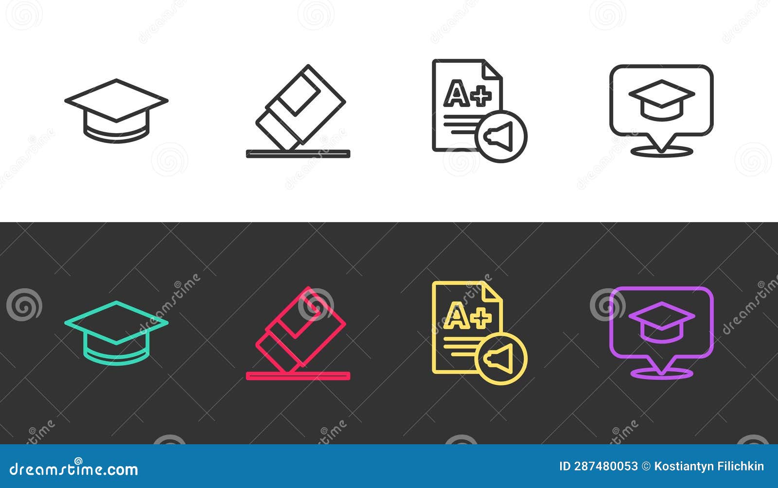 Set Line Graduation Cap, Eraser or Rubber, Exam Sheet with a Plus Grade ...
