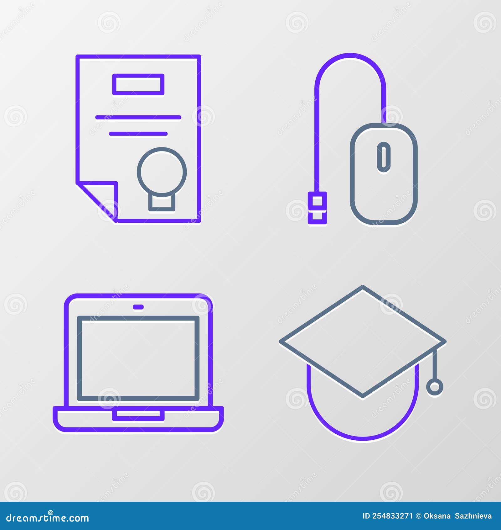 Set Line Graduation Cap on Globe, Laptop, Computer Mouse and ...