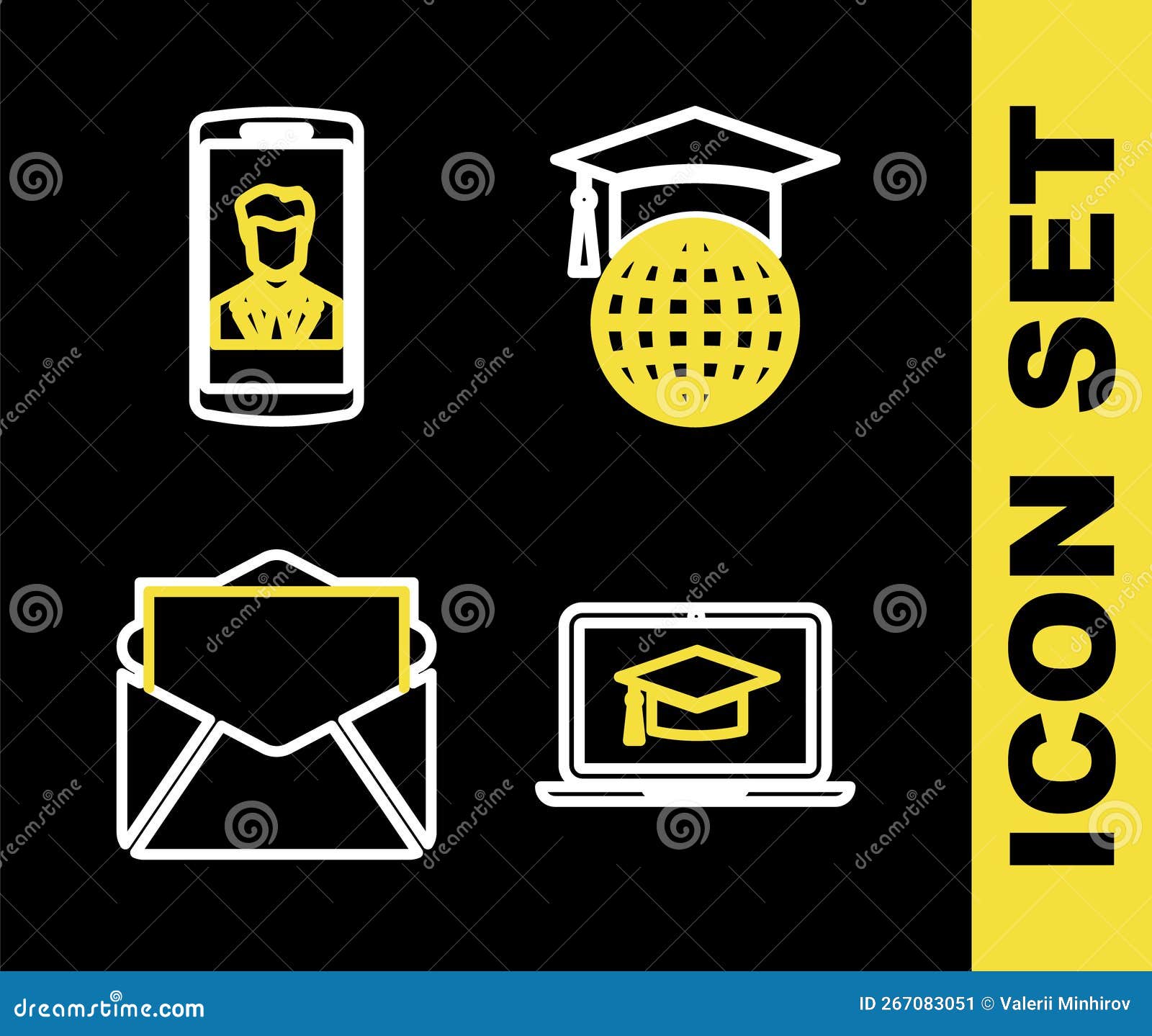 Set Line Graduation Cap on Globe, Laptop, Mail and E-mail and ...