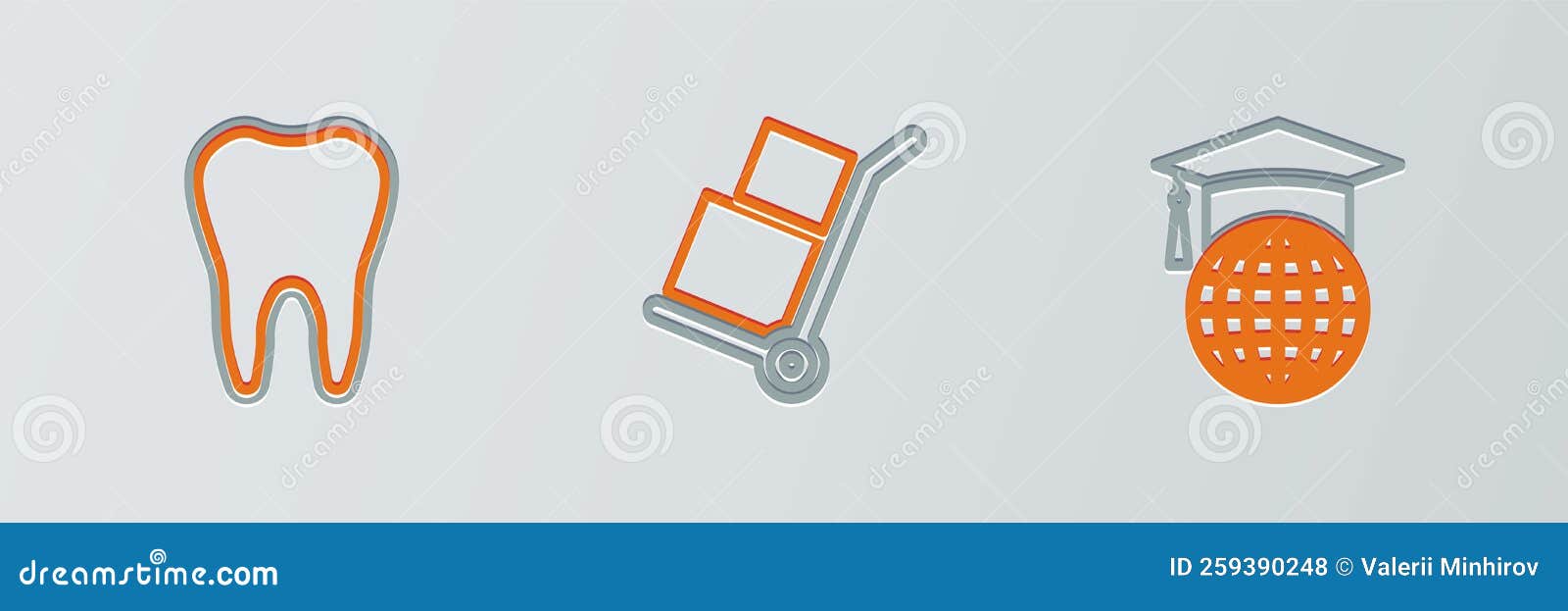 Set Line Graduation Cap on Globe, Tooth and Hand Truck and Boxes Icon ...