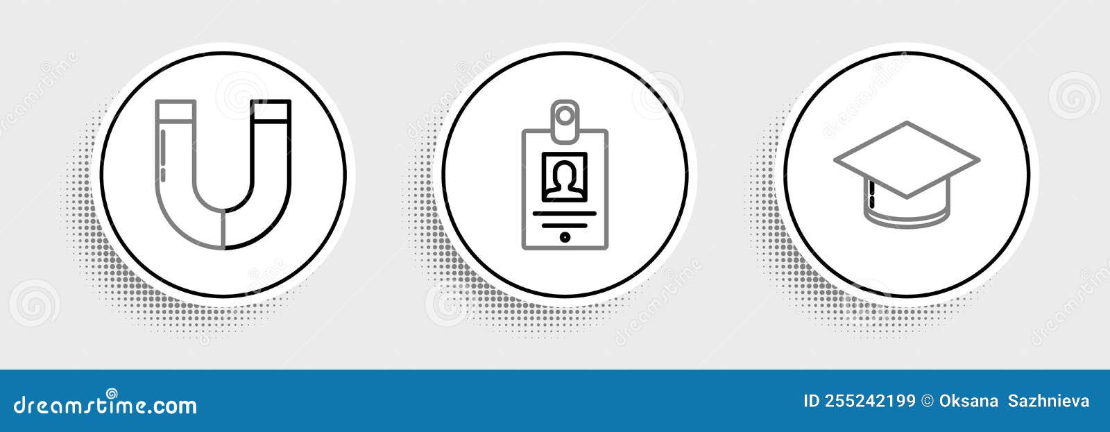 Set Line Graduation Cap, Magnet and Identification Badge Icon. Vector ...