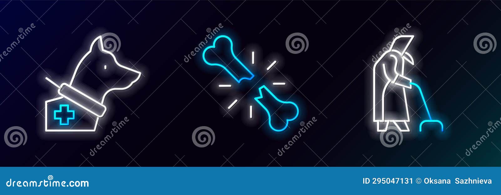 Set Line Grandmother, Guide Dog and Human Broken Bone Icon. Glowing ...