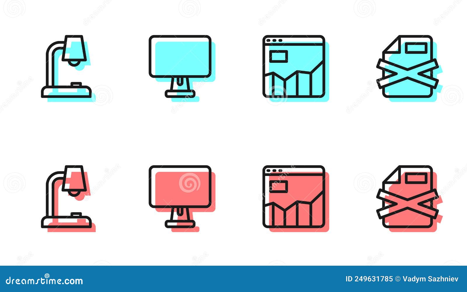 Set Line Graph Chart Infographic, Table Lamp, Computer Monitor and Delete File Document Icon ...