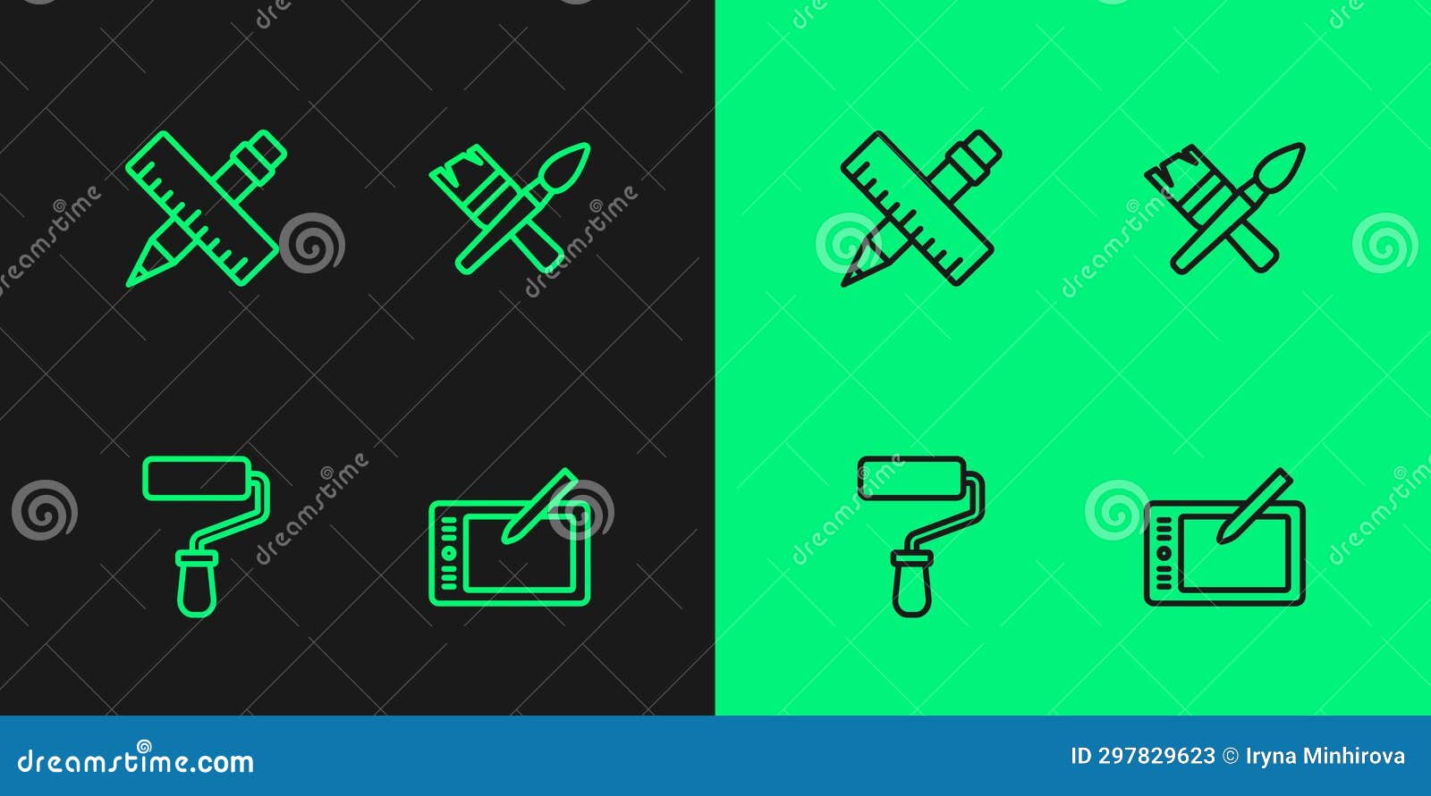 Set Line Graphic Tablet, Paint Roller Brush, Crossed Ruler and Pencil ... Set Line Graphic Tablet, Paint Roller Brush, Crossed Ruler and Pencil ...