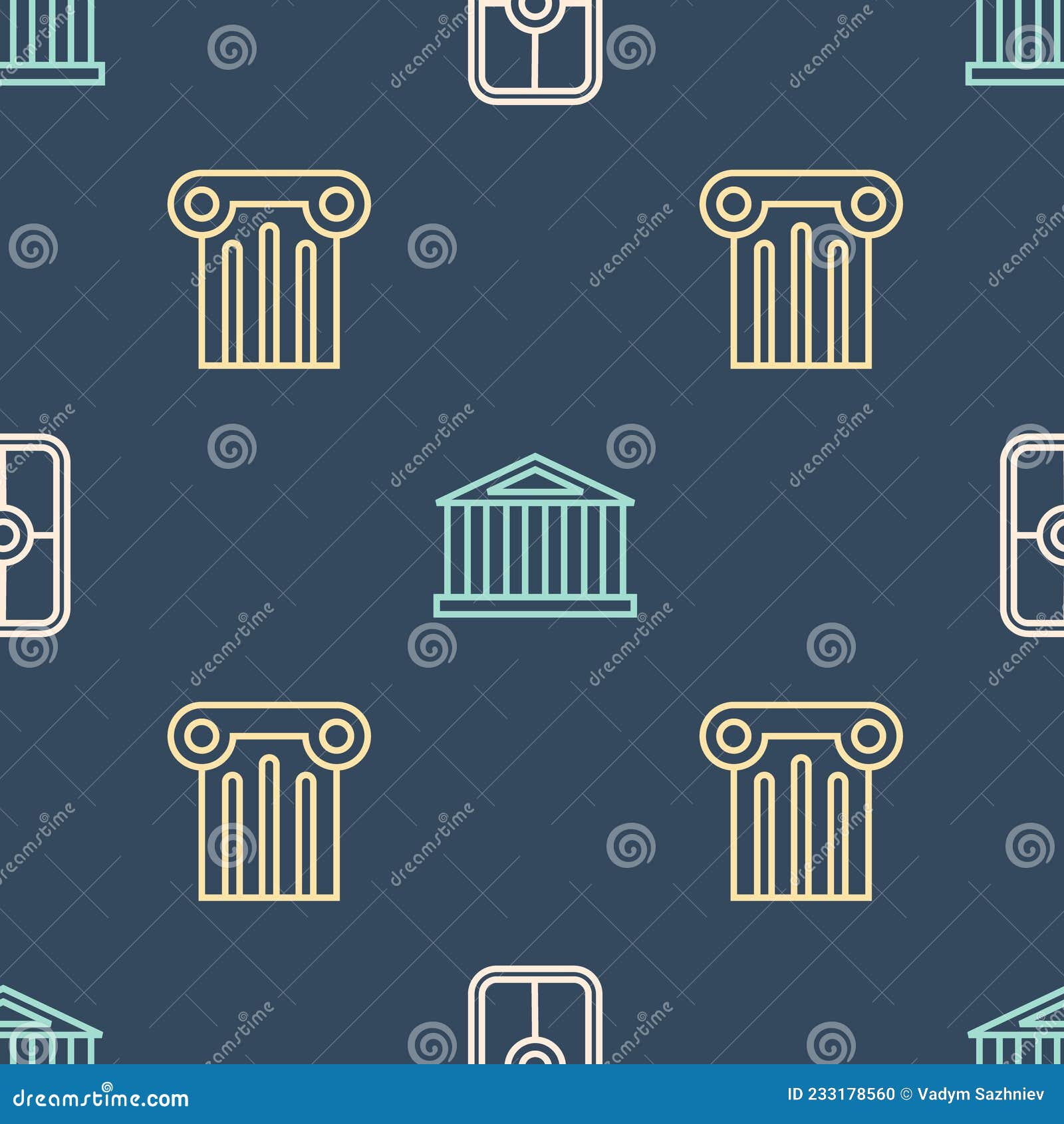 Set Line Greek Shield, Ancient Column and Parthenon on Seamless Pattern ...