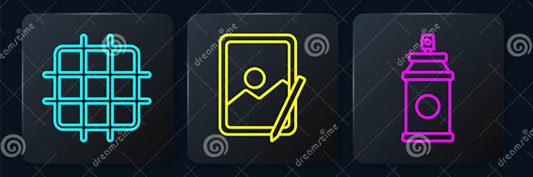 Set Line Grid Graph Paper, Paint Spray Can and Graphic Tablet. Black ...