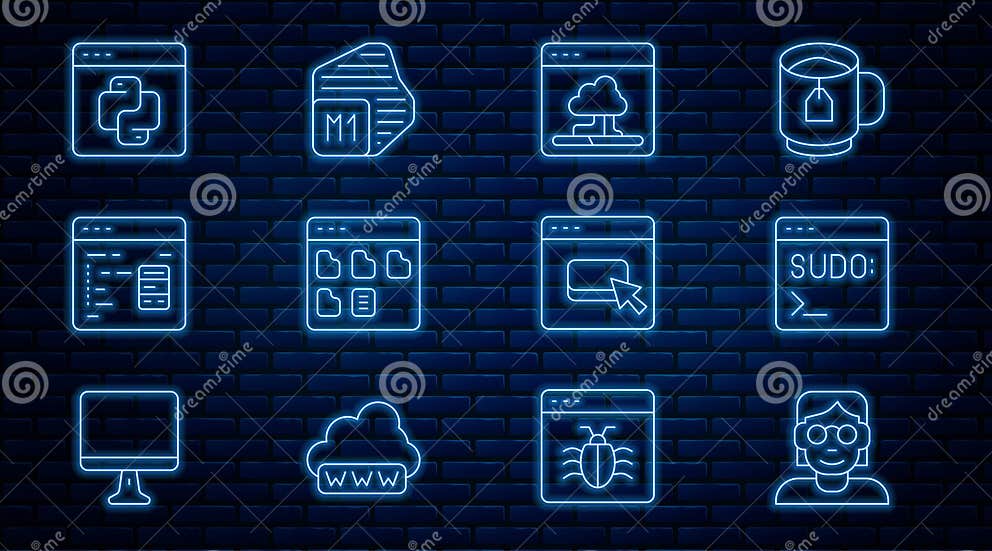 Set Line Hacker or Coder, Code Terminal, Cloud Technology Data Transfer, Browser Files, Software ...