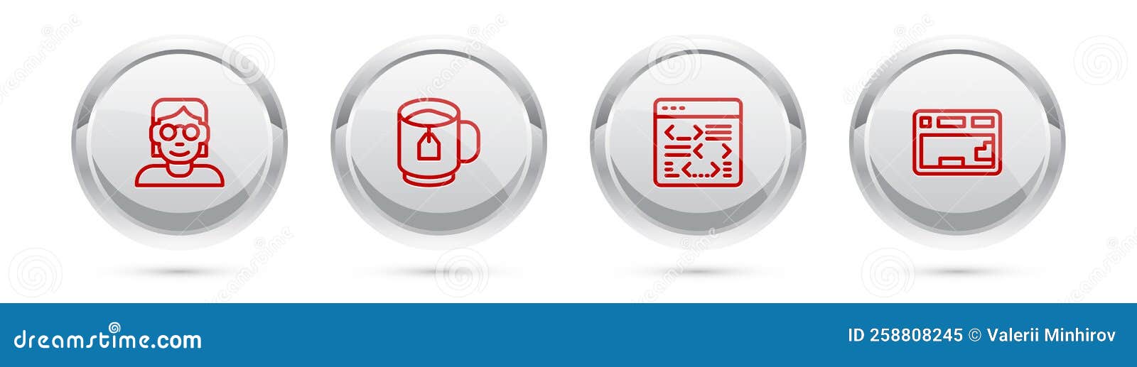 Set Line Hacker Or Coder Cup Of Tea With Tea Bag Software And Keyboard Silver Circle Button