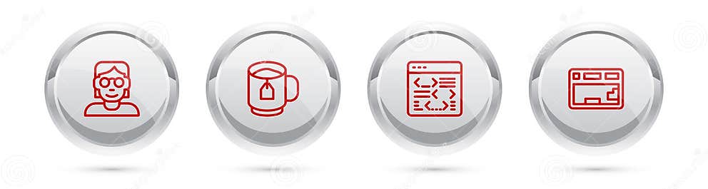 Set Line Hacker or Coder, Cup of Tea with Tea Bag, Software and Keyboard. Silver Circle Button ...