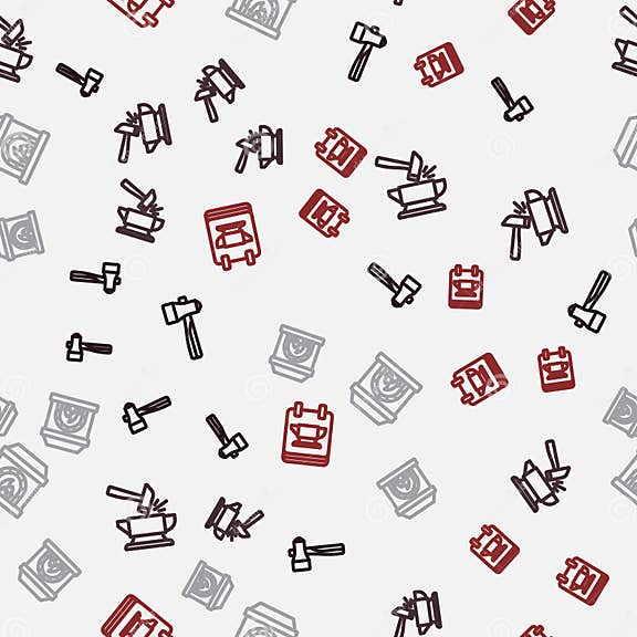 Set Line Hammer, Anvil and Hammer, Blacksmith Oven and Anvil Tool on Seamless Pattern. Vector ...
