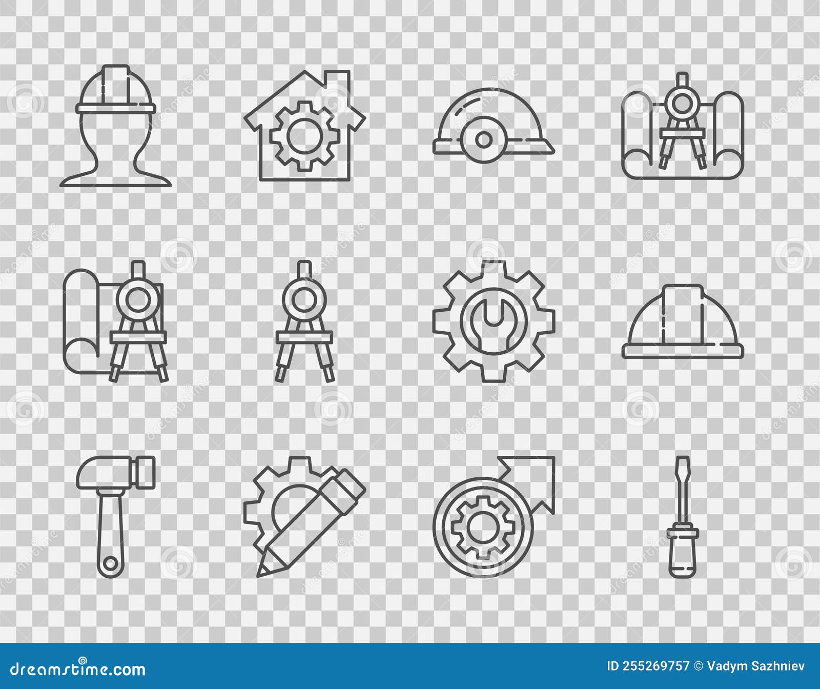 Set Line Hammer, Screwdriver, Worker Safety Helmet, Pencil and Gear ...