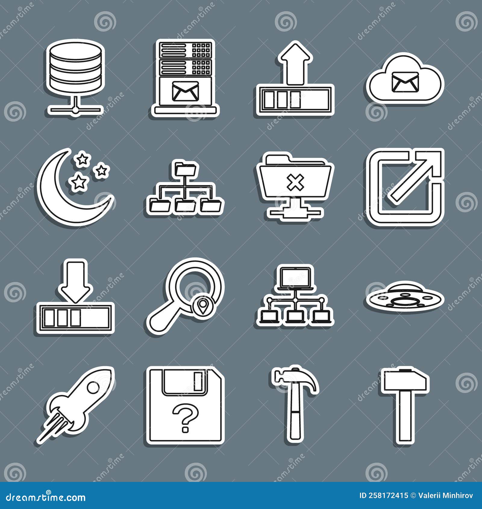 Set Line Hammer, UFO Flying Spaceship, Open New Window, Loading, Folder Tree, Moon and Stars ...