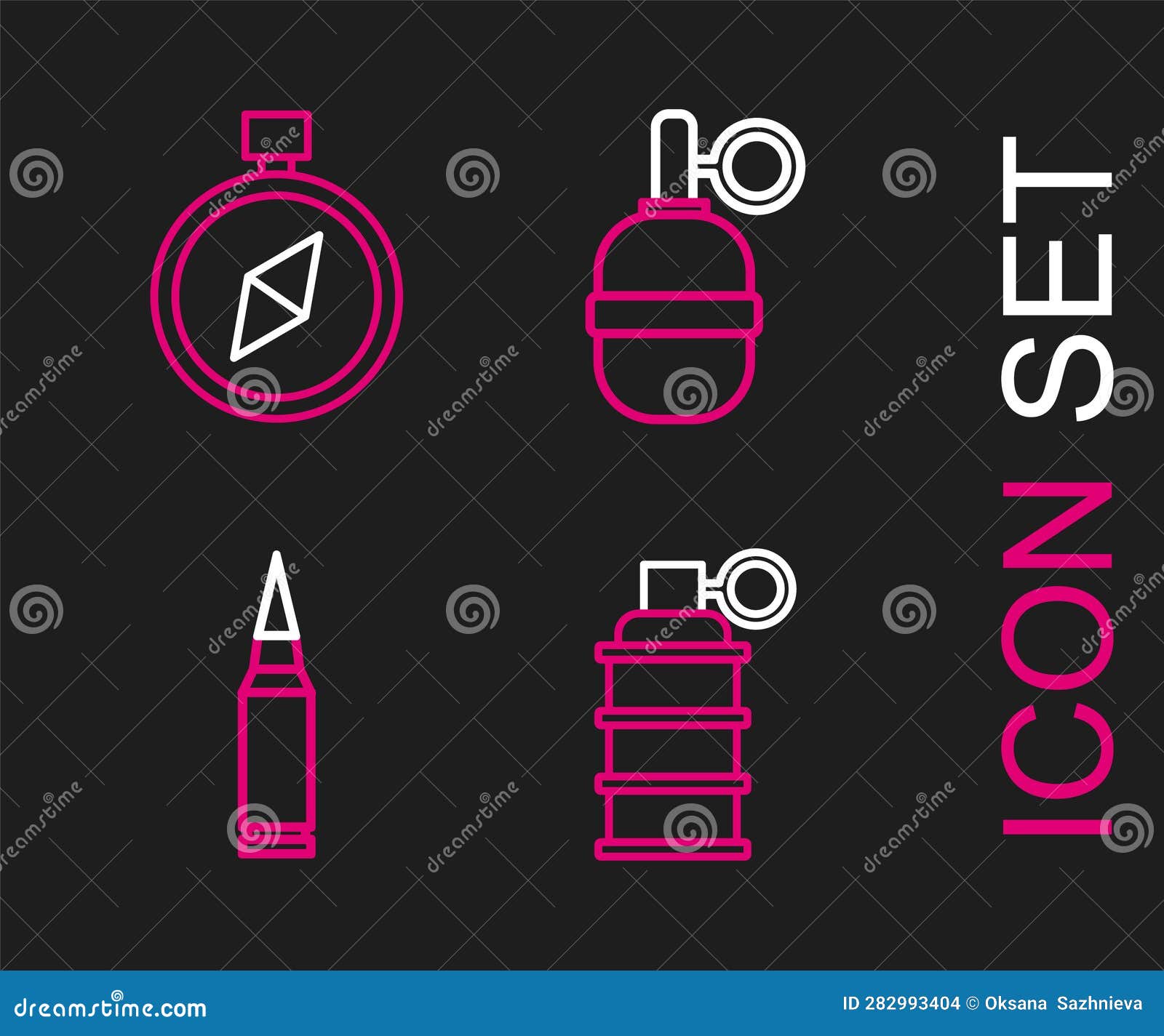 Set Line Hand Grenade, Bullet, and Compass Icon. Vector Stock ...