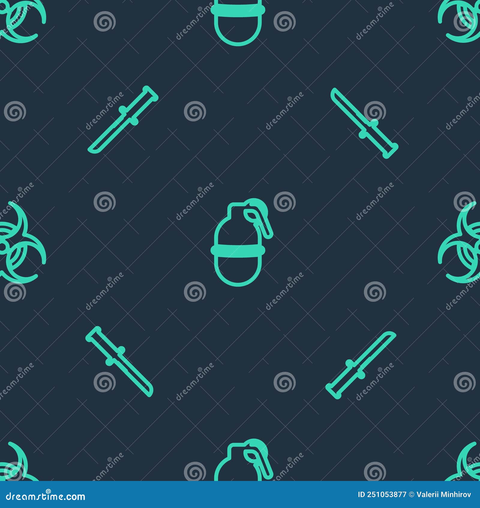 Set Line Hand Grenade, Military Knife and Biohazard Symbol on Seamless ...