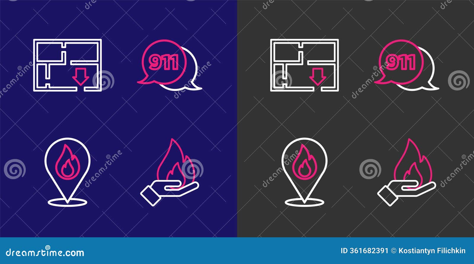 Set Line Hand Holding a Fire, Location with Flame, Telephone Call 911 ...