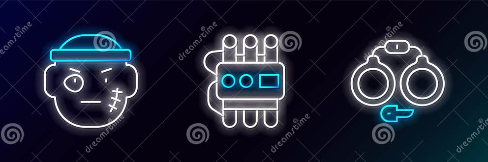 Set Line Handcuffs, Bandit and Dynamite Timer Clock Icon. Glowing Neon ...