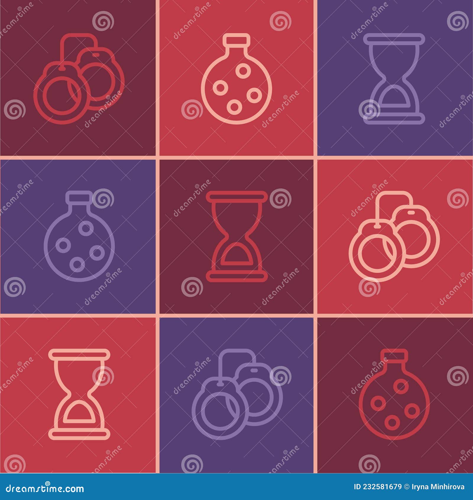 Set Line Handcuffs, Old Hourglass and Bottle with Potion Icon. Vector ...