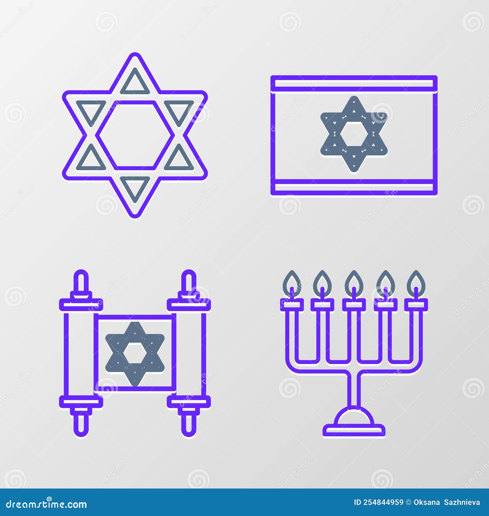 Set Line Hanukkah Menorah, Torah Scroll, Flag of Israel and Star David ...