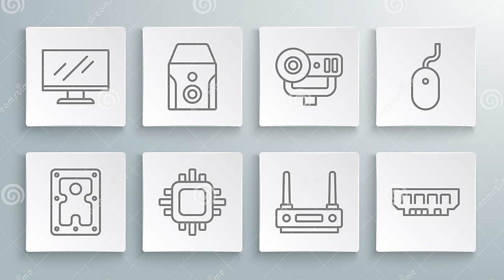 Set Line Hard Disk Drive HDD, Uninterruptible Power Supply, Processor with CPU, Router and Wi-fi ...