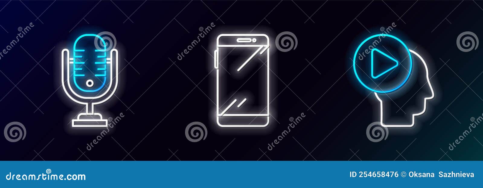 Set Line Head People with Play Button, Microphone and Smartphone ...