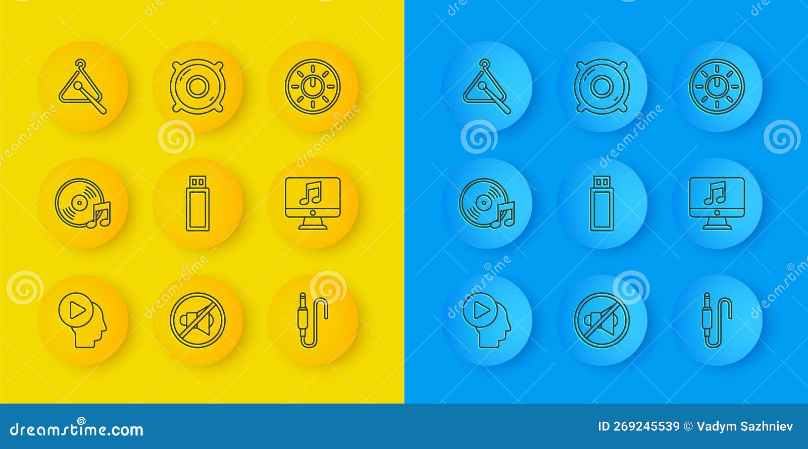 Set Line Head People with Play Button, Vinyl Disk, USB Flash Drive ...