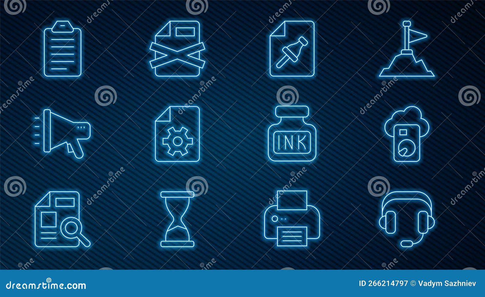Set Line Headphones, Cloud Database, Note Paper with Push Button ... Set Line Headphones, Cloud Database, Note Paper with Push Button ...