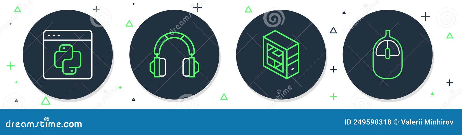 Set Line Headphones, Computer, Python Programming Language and Mouse ... Set Line Headphones, Computer, Python Programming Language and Mouse ...