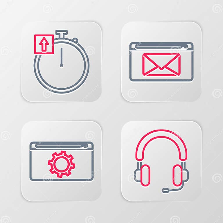 Set Line Headphones, Setting, Mail and E-mail and Stopwatch Icon ...