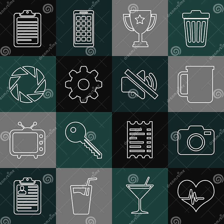 Set Line Heart Rate, Photo Camera, Coffee Cup, Trophy, Cogwheel Gear ... Set Line Heart Rate, Photo Camera, Coffee Cup, Trophy, Cogwheel Gear ...