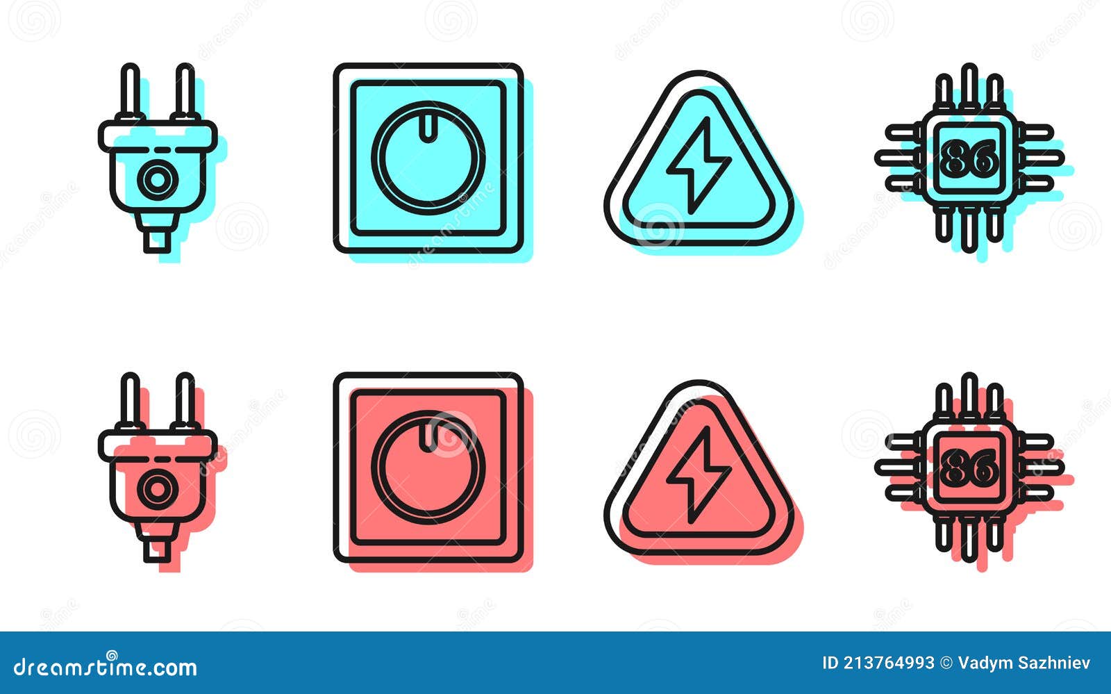 Set Line High Voltage, Electric Plug, Electric Light Switch and Processor with Microcircuits CPU ...