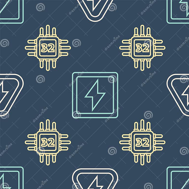 Set Line High Voltage, Processor with Microcircuits CPU and Lightning Bolt on Seamless Pattern ...