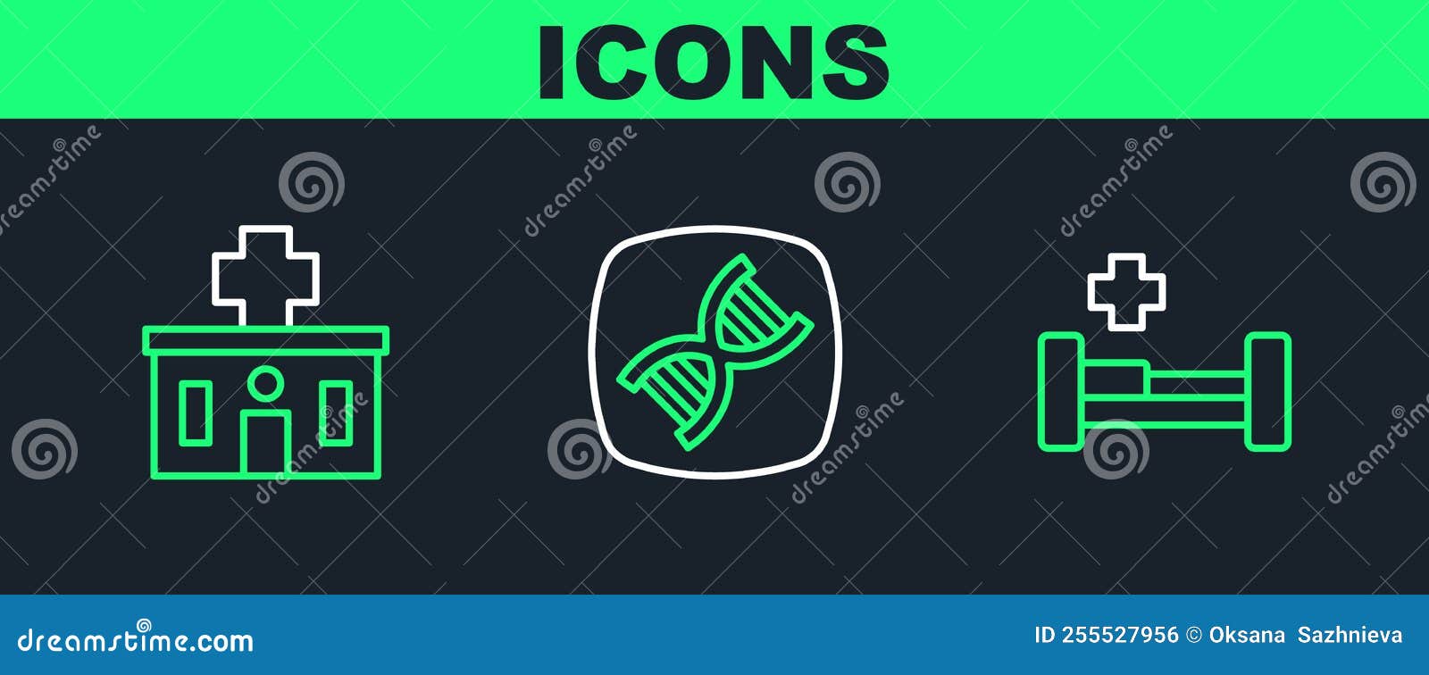 Set Line Hospital Bed, Building and DNA Symbol Icon. Vector Stock ...