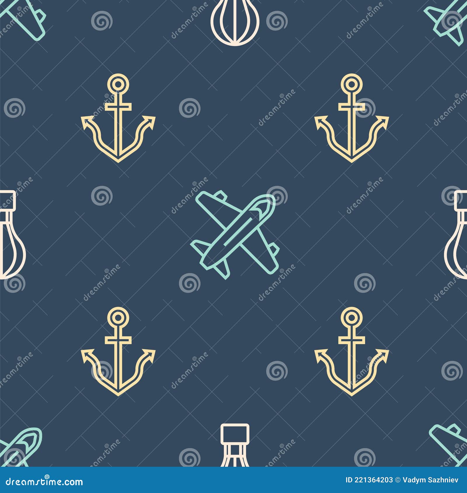 Set Line Hot Air Balloon, Anchor and Plane on Seamless Pattern. Vector ...