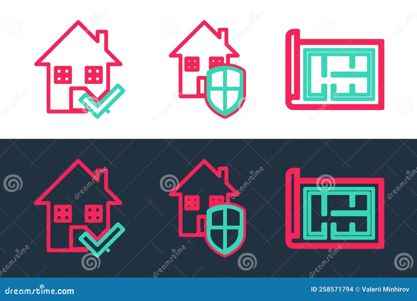 Set Line House Plan, with Check Mark and Under Protection Icon. Vector ... Set Line House Plan, with Check Mark and Under Protection Icon. Vector ...