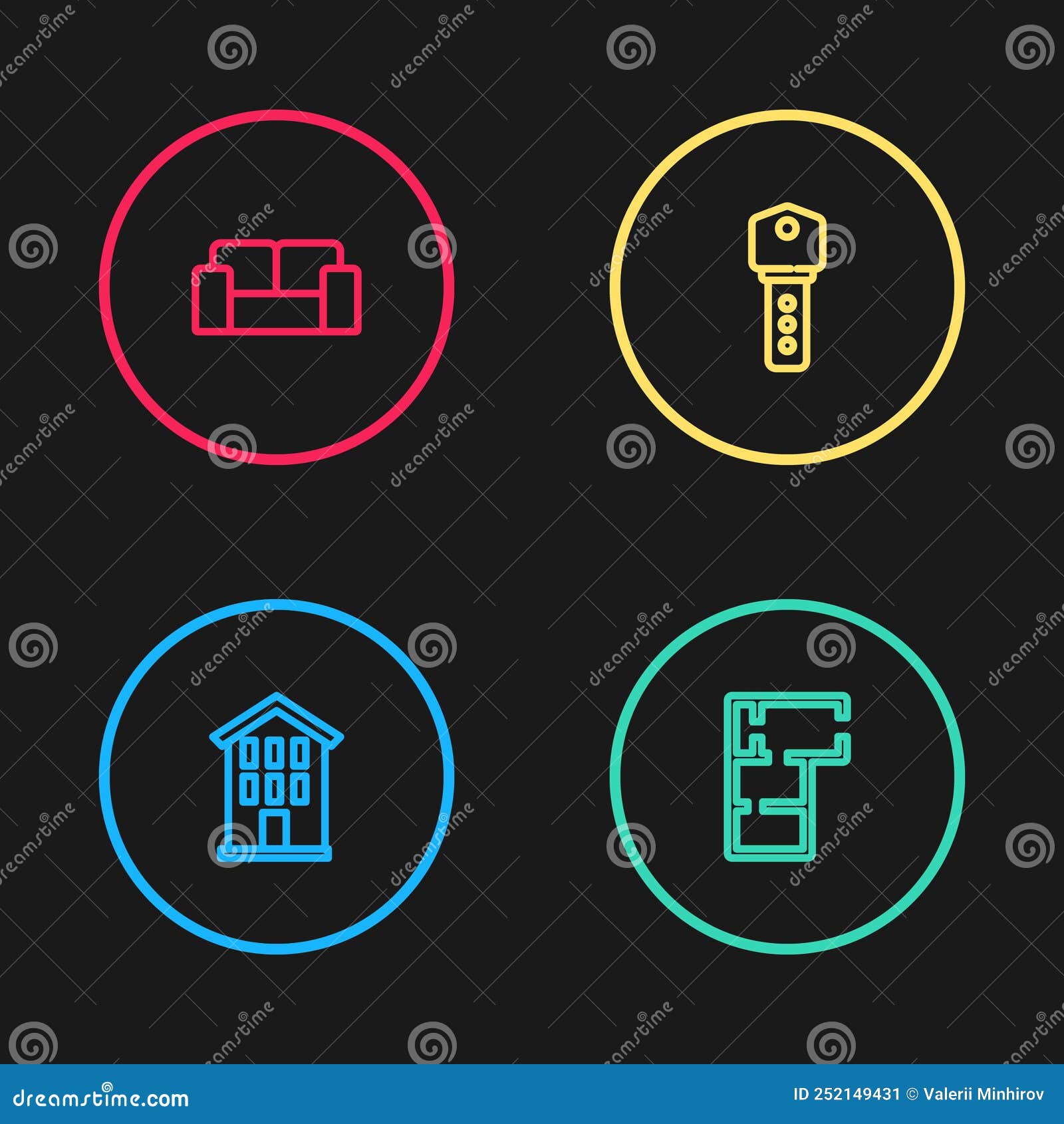 Set Line House, Plan, Key and Sofa Icon. Vector Stock Illustration ...