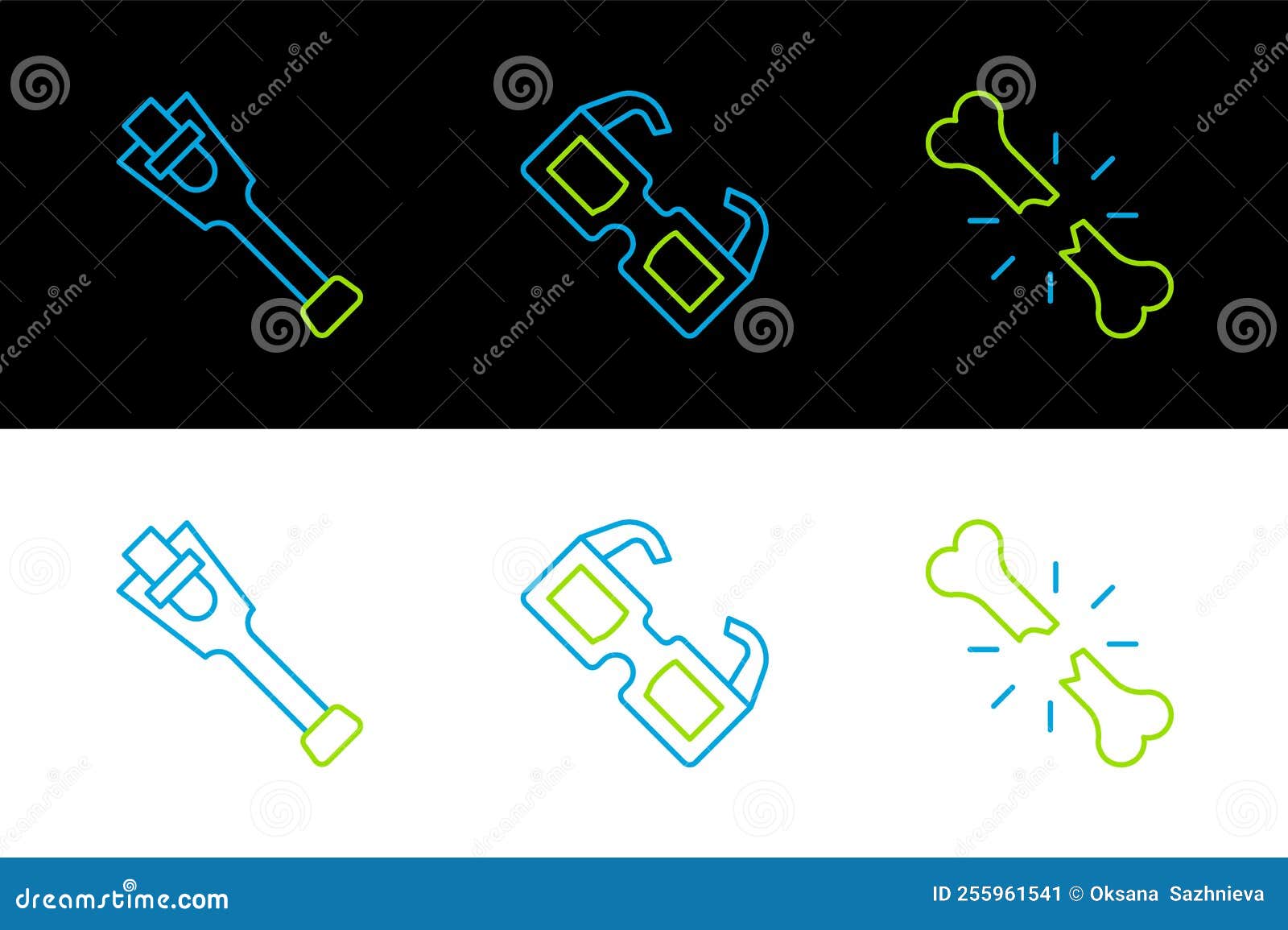 Set Line Human Broken Bone, Prosthesis Leg and Eyeglasses Icon. Vector ...